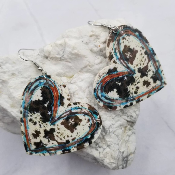 The Pretty Jewellery | Jewelry | Cow Print Heart Dangle Leather Like ...